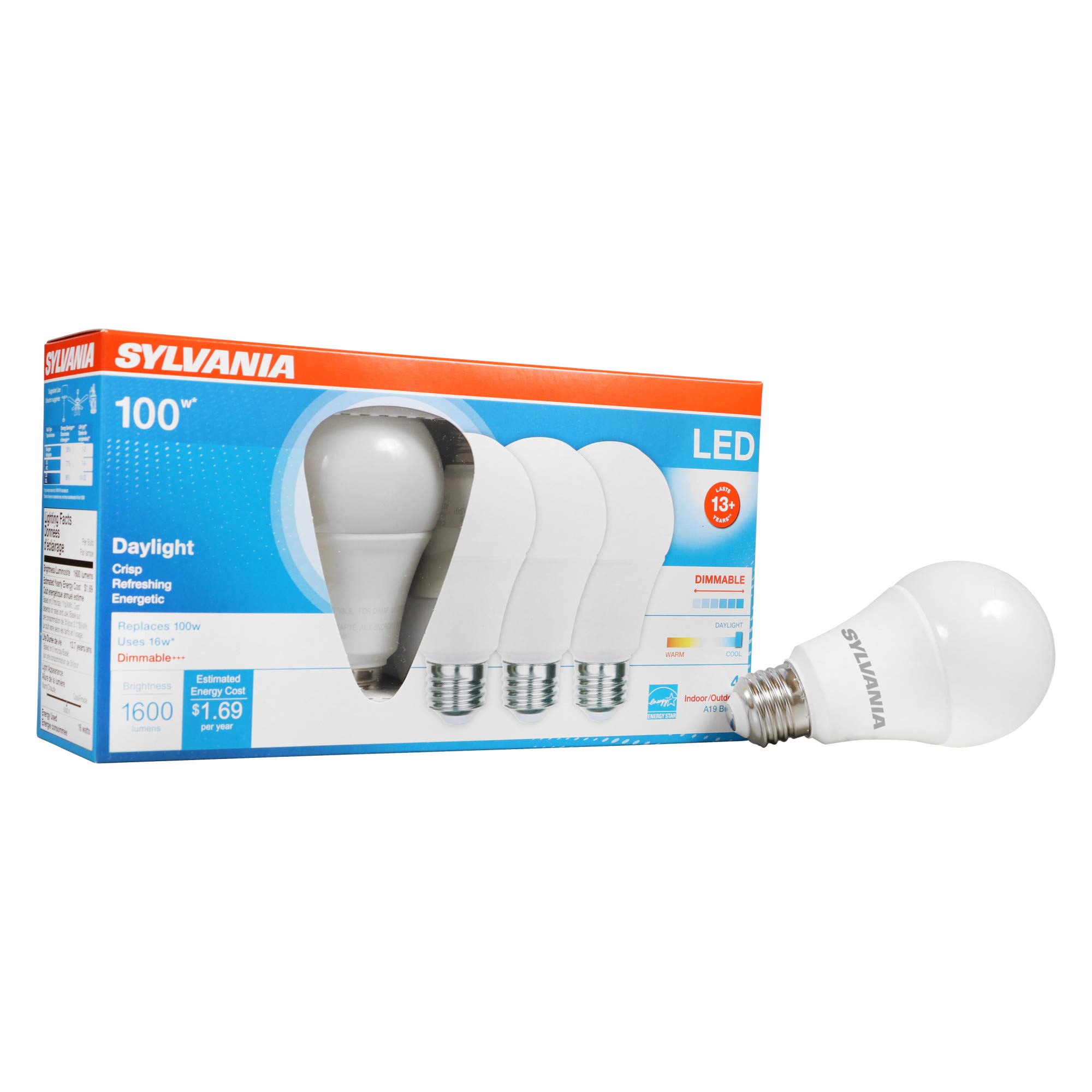 SYLVANIA LED A19 Light Bulb, 100W Equivalent, Efficient 16W, Dimmable, 1600 Lumens, Frosted, 5000K, Daylight - 4 Pack (40739)