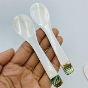 Wenplus 2 Pack 3.94inch Caviar Spoons Handcraft Mother of Pearl MOP Caviar Spoon W Round Handle with One Plastic Storage Box - White, Style B