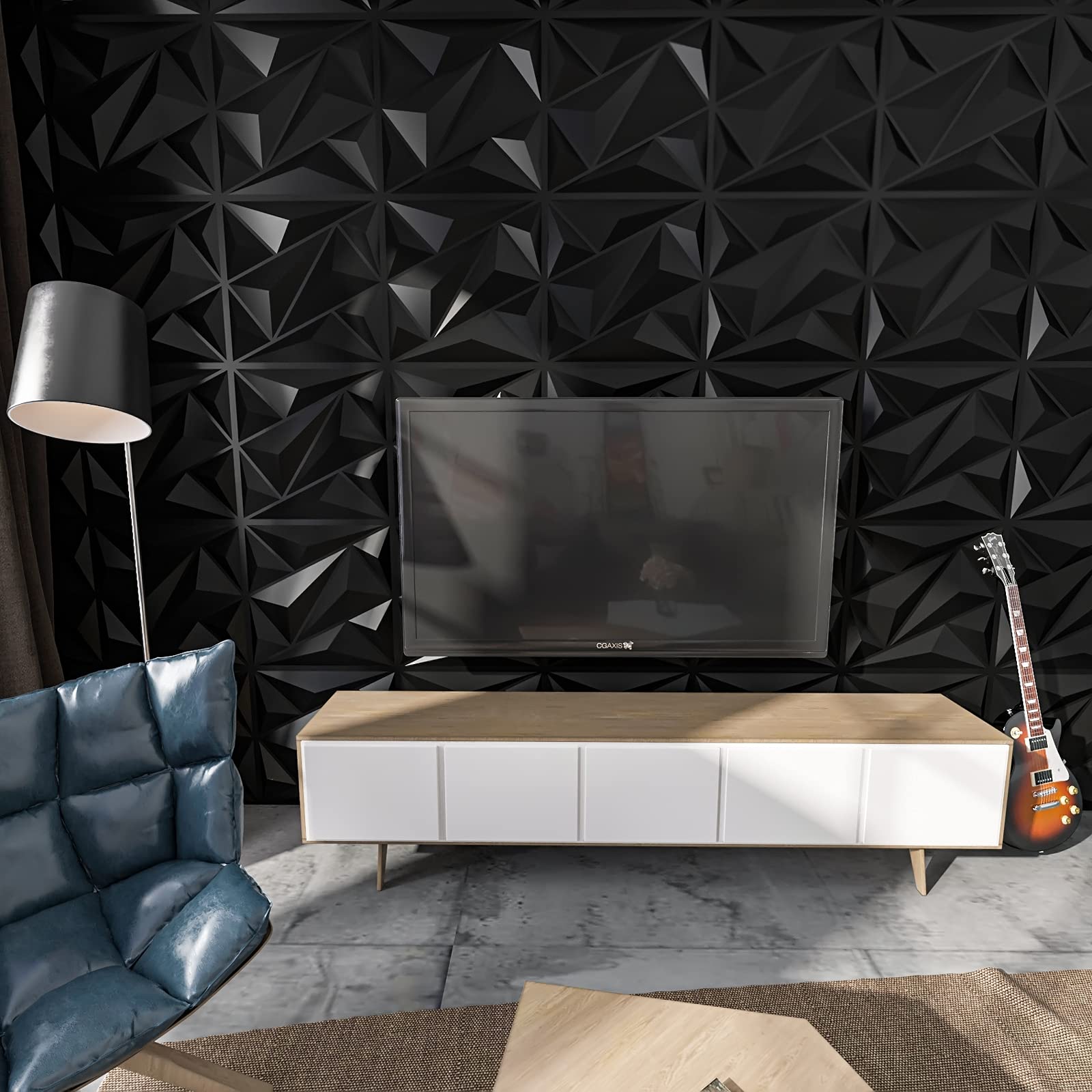 Art3dwallpanels PVC 3D Wall Panel Diamond for Interior Wall Décor in Black, 19.7" x 19.7" Wall Decor PVC Panel, 3D Textured Wall Panels, Pack of 12 Tiles