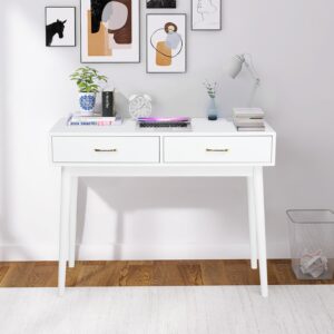 rotihom small white desk with 2 drawers, modern writing desk for small spaces, home office desk for study, laptop computer desk for work, makeup vanity table for bedroom (white)