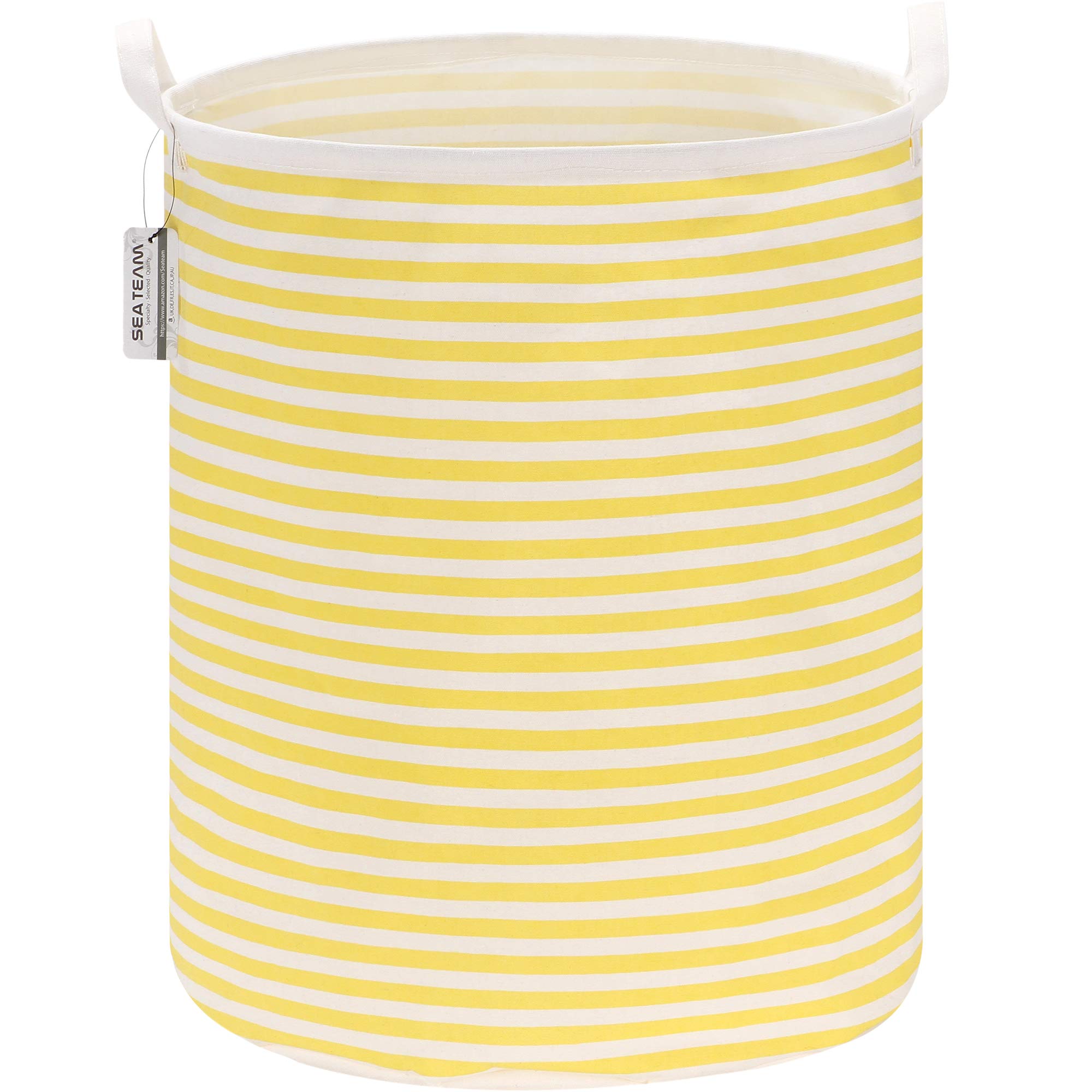 Sea Team 19.7 Inches Large Sized Waterproof Coating Ramie Cotton Fabric Folding Laundry Hamper Bucket Cylindric Burlap Canvas Storage Basket (19.7", Stripe/Yellow)