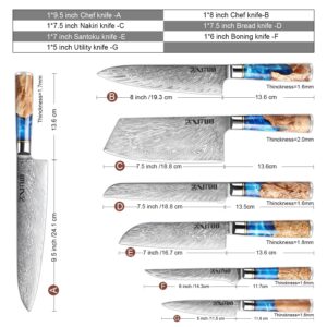 XT XITUO Kitchen Chef Knife Set 7 Piece, Chef Knife, 8'' Bread Knife, 7''Santoku knife Damascus Steel-VG10 Blue Resin Wood Handle -Gift Box - w/knife Sheath (7PC Chef Knife Set)