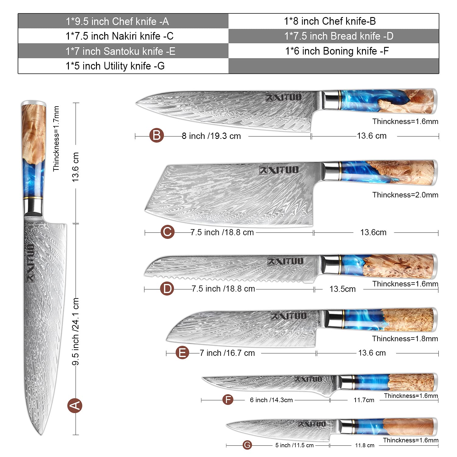 XT XITUO Kitchen Chef Knife Set 7 Piece, Chef Knife, 8'' Bread Knife, 7''Santoku knife Damascus Steel-VG10 Blue Resin Wood Handle -Gift Box - w/knife Sheath (7PC Chef Knife Set)