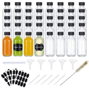 2oz clear glass bottle with poly cone cap, boston round sample glass bottle for potion, juice, ginger shots, oils, whiskey, liquids-48 labels, 5 funnels, 5 droppers, 1 brush & chalk marker-pack of 40