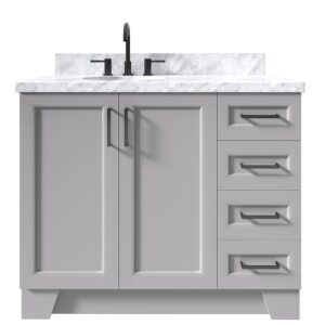 ariel 43" grey bathroom vanity with 1.5" edge italian carrara marble countertop & backsplash, left oval sink, 2 soft closing doors, 5 full extension dovetail drawers, toe kick, matte black