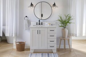 ariel 37" white bathroom vanity with 1.5" edge pure white quartz countertop & backsplash, left rectangular sink, 2 soft closing doors, 5 full extension dovetail drawers, toe kick, matte black