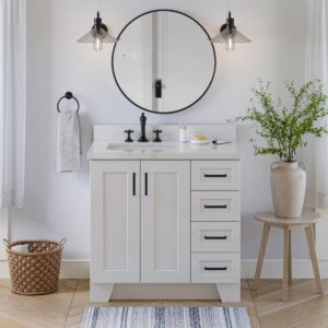 ARIEL 37" White Bathroom Vanity with 1.5" Edge Pure White Quartz Countertop & Backsplash, Left Rectangular Sink, 2 Soft Closing Doors, 5 Full Extension Dovetail Drawers, Toe Kick, Matte Black