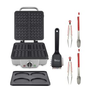 cuisinart waf-300p1 4-slice belgian waffle maker and pancake plate bundle with grill brush, and 2 x stainless steel tongs (4 items)