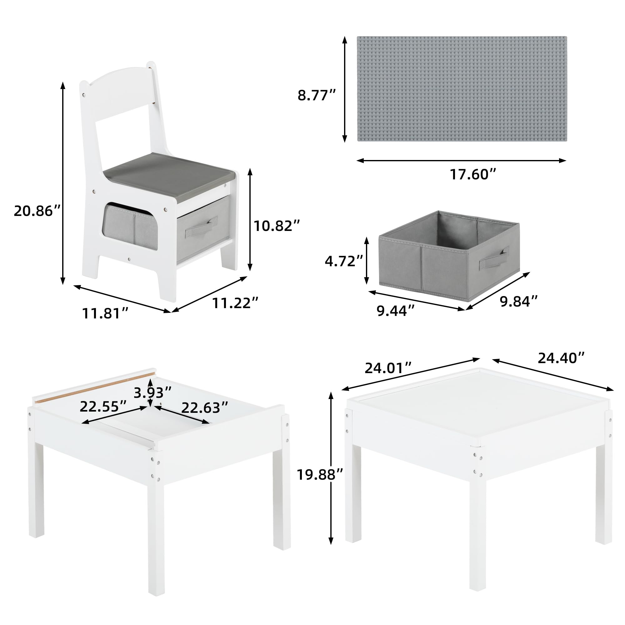 COEWSKE Kids Table and Chairs Set, 4 in 1 Toddler Desk and Chair Set with Storage, Wooden Activity Table for Toddlers Arts, Crafts, Drawing, Reading, Playroom,Gift for Boy & Girl (Gray)