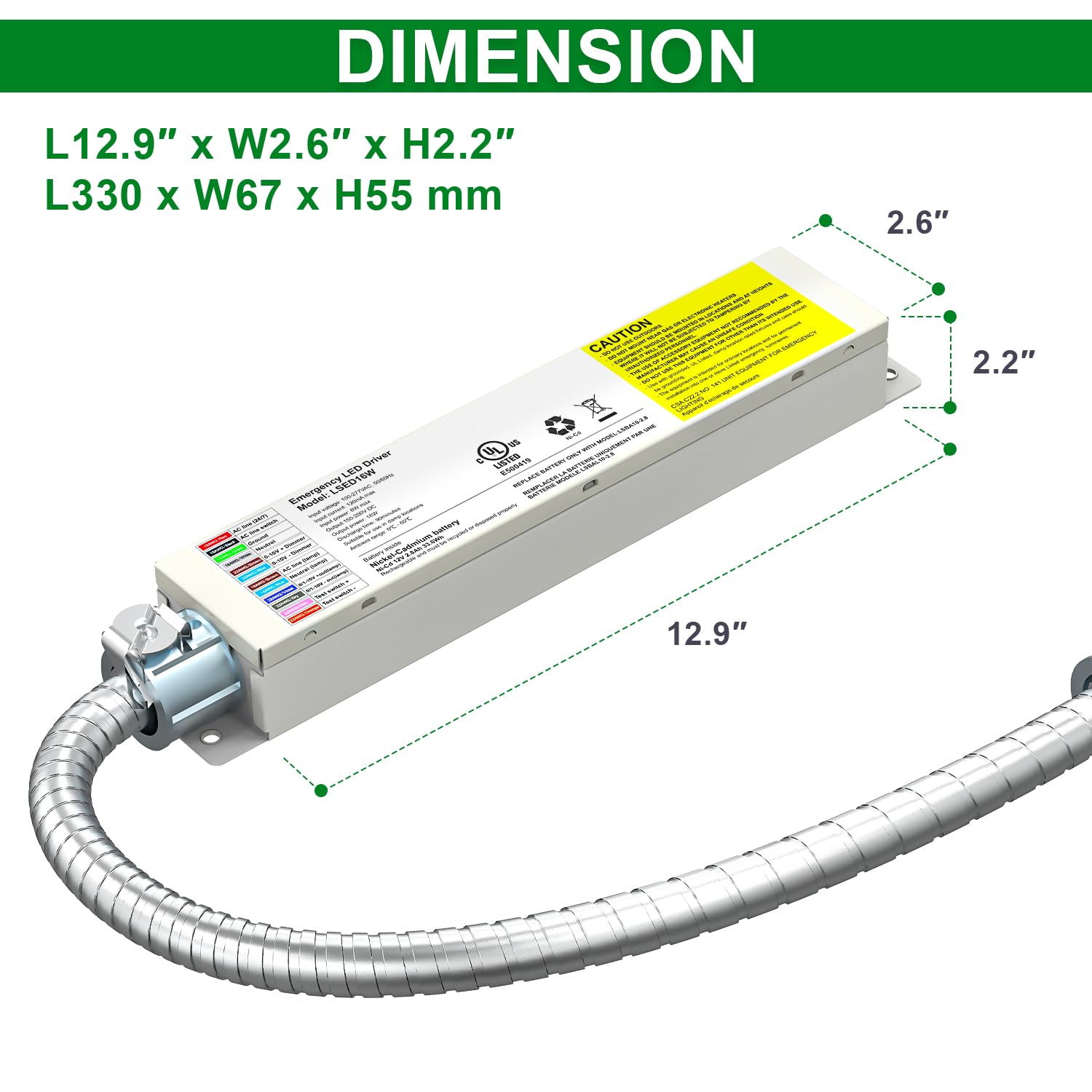 20W LED Light Emergency Backup Battery 150-200VDC, Rechargeable LED Emergency Driver for Dimmable 10-120W LED Lights with External Driver, Emergency Time 90 Min UL Listed.