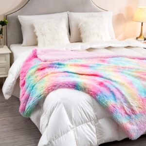 DANGTOP Faux Fur Throw Blanket, Tie Dye Fluffy Blanket, Super Soft Rainbow Blanket for Girls, Luxury Cozy Warm Plush Thick Sherpa Throws for Bed Couch Living Room (Rainbow, 50X60 inches)