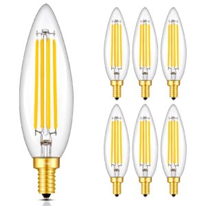 crlight 8w smooth dimmable led candelabra bulb, 3000k soft white 800 lm 80w incandescent equivalent, e12 led filament candle bulbs, large size b11 clear torpedo shape, 6 pack