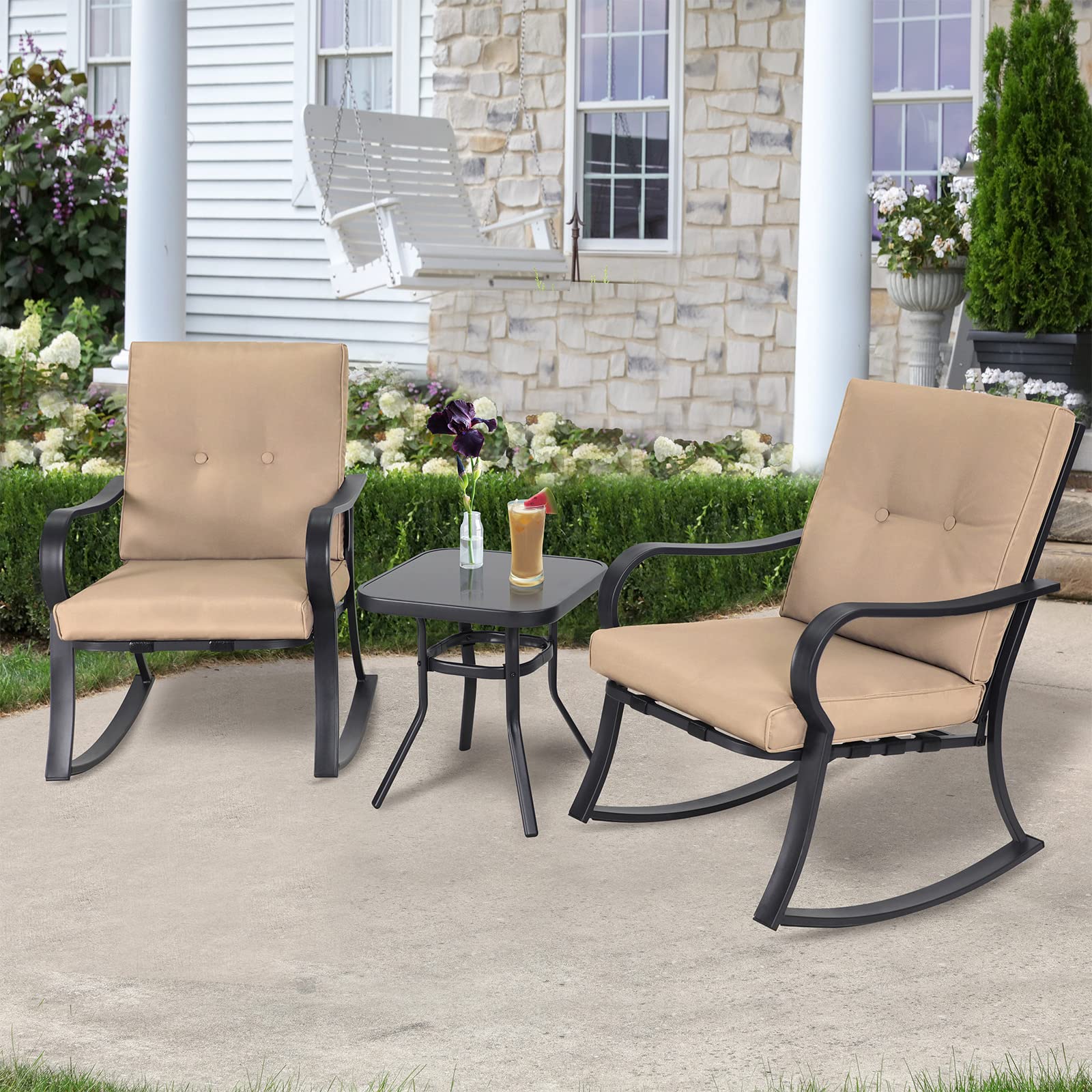 Incbruce 3 Piece Patio Bistro Set Outdoor Rocking Chairs Set, Porch Patio Conversation Chairs Set of 2 with Glass-Top Coffee Table (Brown Thickened Cushion)