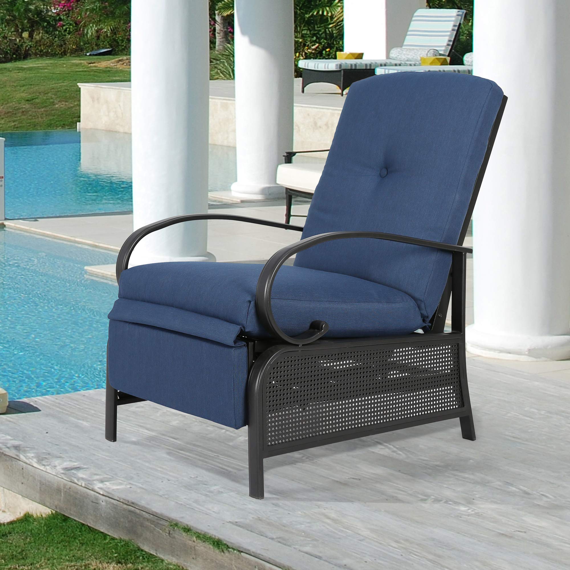 PATIO TREE Adjustable Outdoor Reclining Lounge Chair Patio Recliner Chair with Strong Extendable Metal Frame and Removable Cushions for Outdoor Reading or Relaxation (Navy)