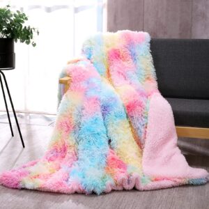 dangtop faux fur throw blanket, tie dye fluffy blanket, super soft rainbow blanket for girls, luxury cozy warm plush thick sherpa throws for bed couch living room (rainbow, 50x60 inches)