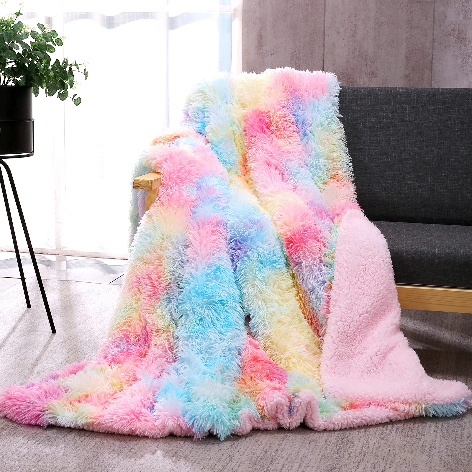 DANGTOP Faux Fur Throw Blanket, Tie Dye Fluffy Blanket, Super Soft Rainbow Blanket for Girls, Luxury Cozy Warm Plush Thick Sherpa Throws for Bed Couch Living Room (Rainbow, 50X60 inches)