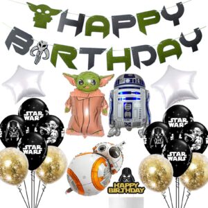 20 pcs star wars birthday party supplies set, star war themed birthday banner mylar balloons caketopper kit, star wars bday decorations for boys