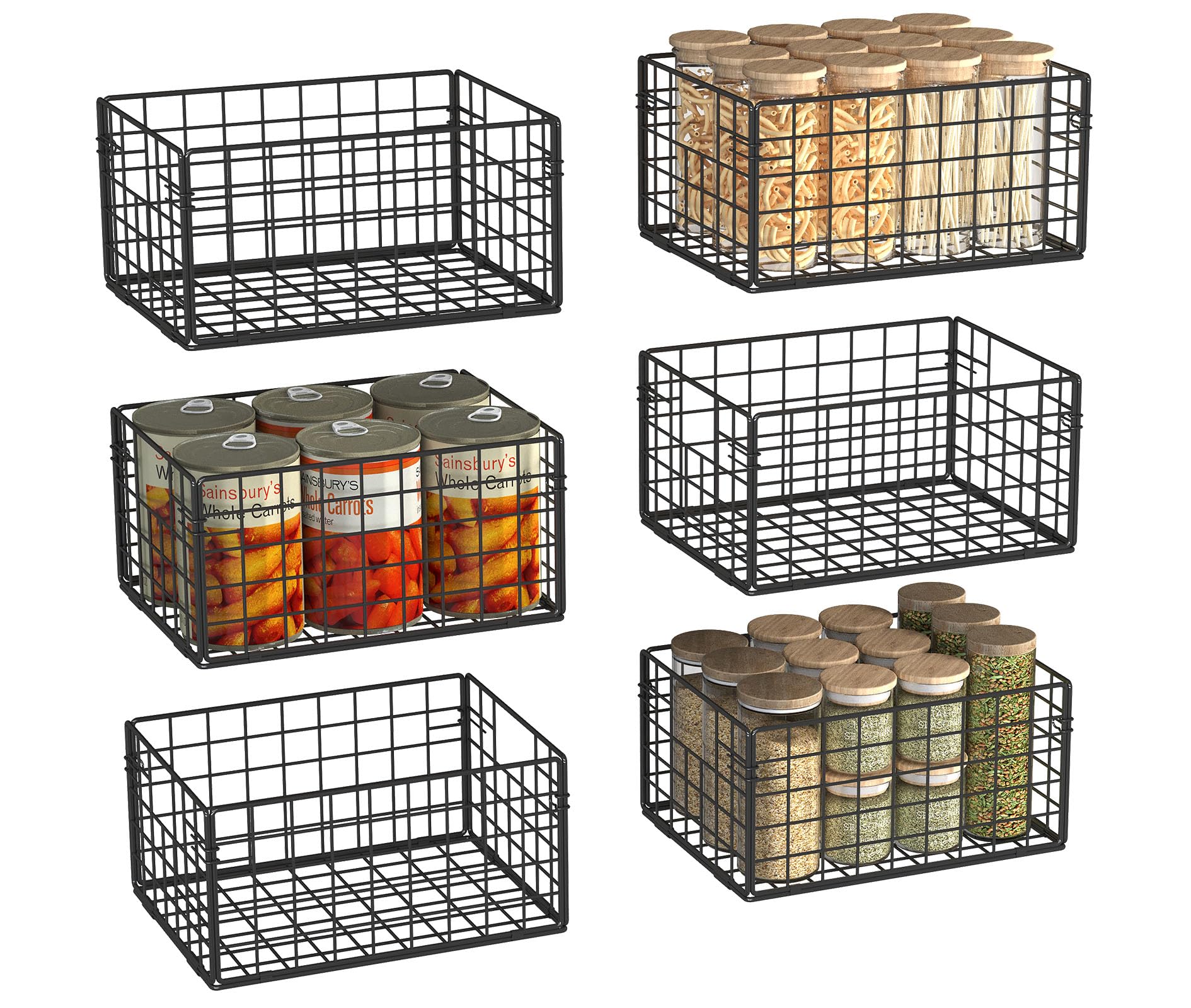 X-cosrack Metal Wire Basket Pantry Basket Foldable Cabinet Organizer with Handles-6 Pack-12"x9"X6", Food Storage Freezer Organizer Bins for Kitchen Bathroom Laundry Closet Garage - Patent Design