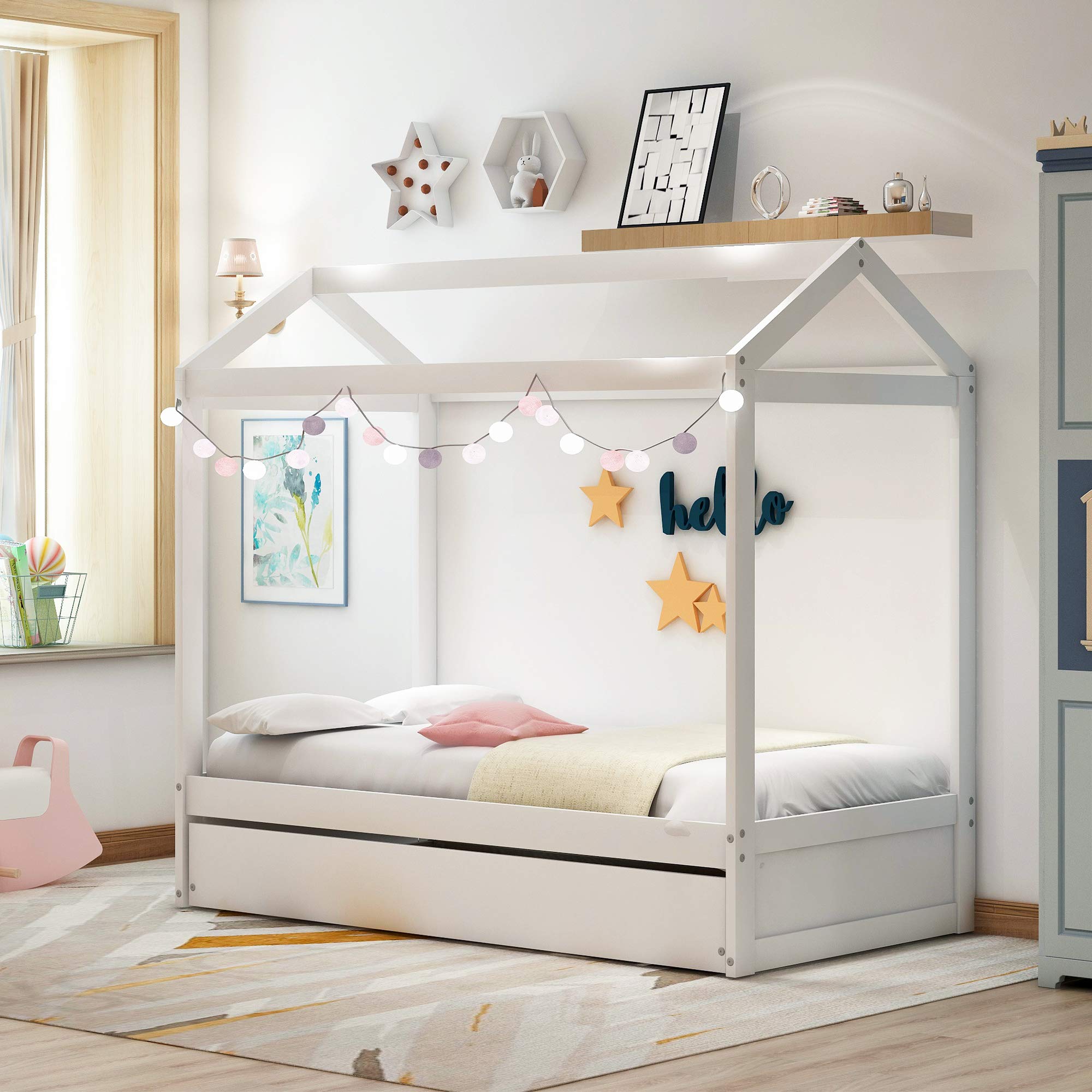 Twin Size House Bed with Trundle, Wooden Daybed for Toddlers, Teens, Girls, Boys, Kids House Bed Frame Can Be Decorated (White)