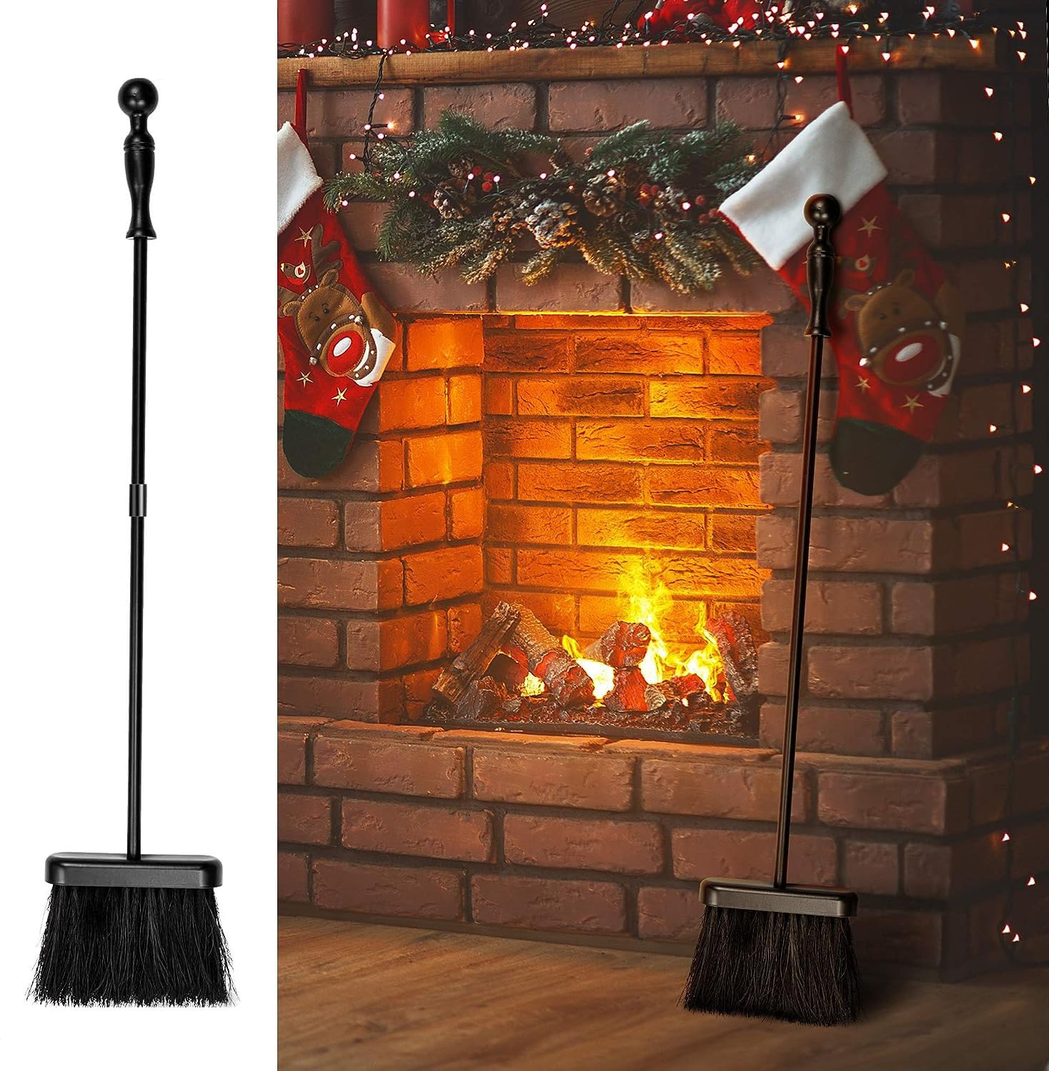 Amagabeli 32in Fireplace Brush Fireside Broom Fireplace Loose Tool Set for Outdoor Fire Pit Campfires Indoor Fireplace Heavy Duty Wrought Iron Steel Bar Support