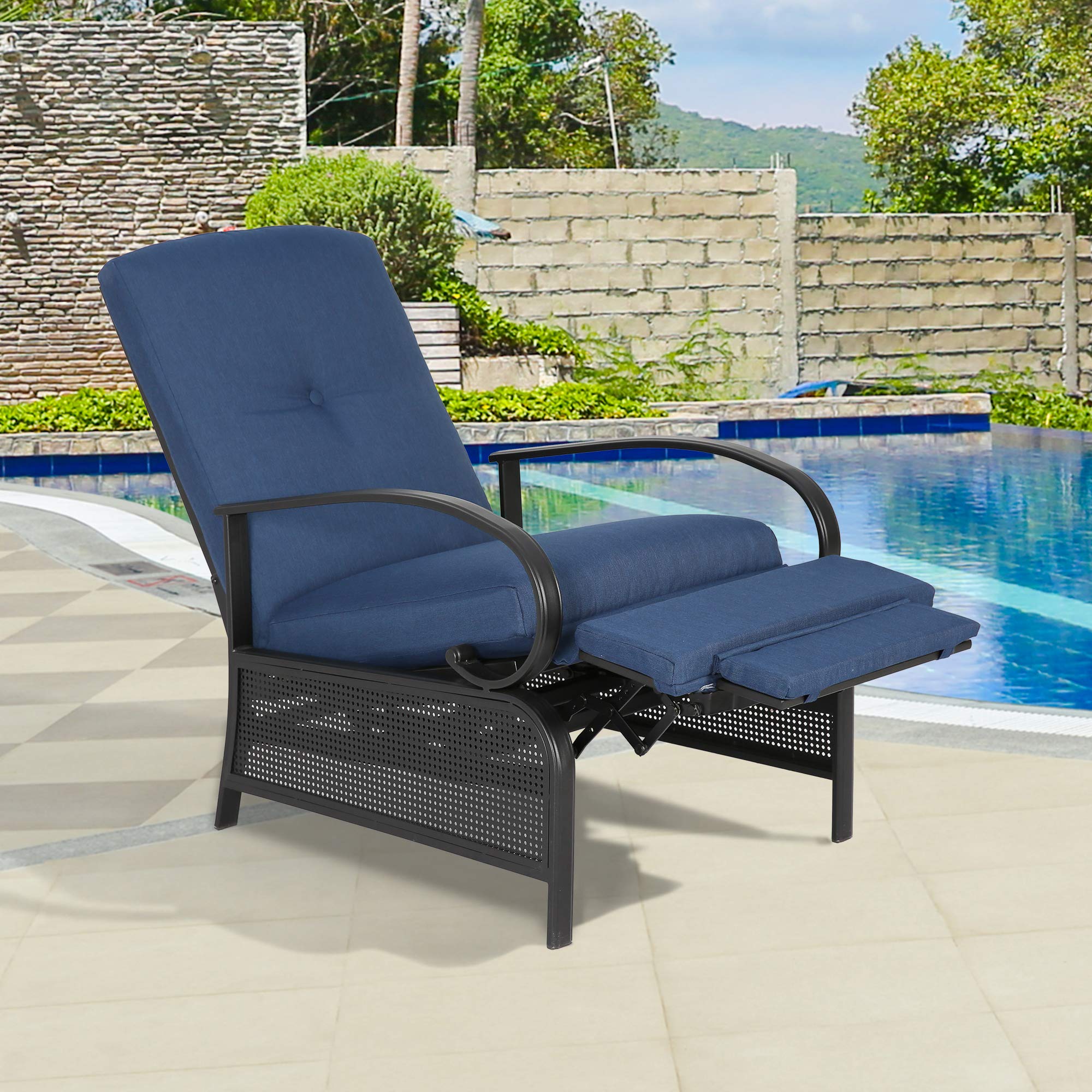 PATIO TREE Adjustable Outdoor Reclining Lounge Chair Patio Recliner Chair with Strong Extendable Metal Frame and Removable Cushions for Outdoor Reading or Relaxation (Navy)