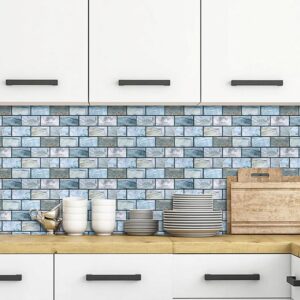 VANCORE Peel and Stick Backsplash for Kitchen: Self Adhesive Wall Tiles for Bathroom - 3D Subway Back Splash - 10 Sheets Vinyl Blue Waterproof Wallpaper with Real Marble Texture for Shower