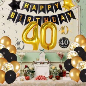 40th Birthday Decorations for Men Women, Black and Gold Party Decorations Kit - Happy Birthday Banner Black and Gold Balloons Confetti Balloons Swirls for 40th Birthday Decorations Party Supplies