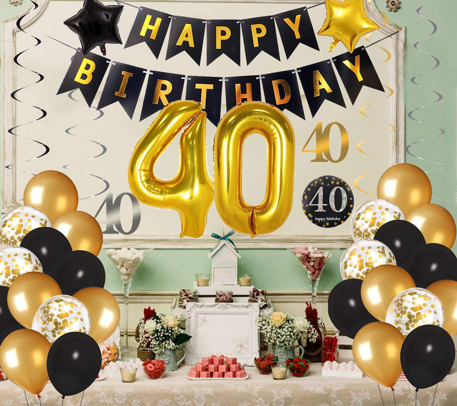 40th Birthday Decorations for Men Women, Black and Gold Party Decorations Kit - Happy Birthday Banner Black and Gold Balloons Confetti Balloons Swirls for 40th Birthday Decorations Party Supplies