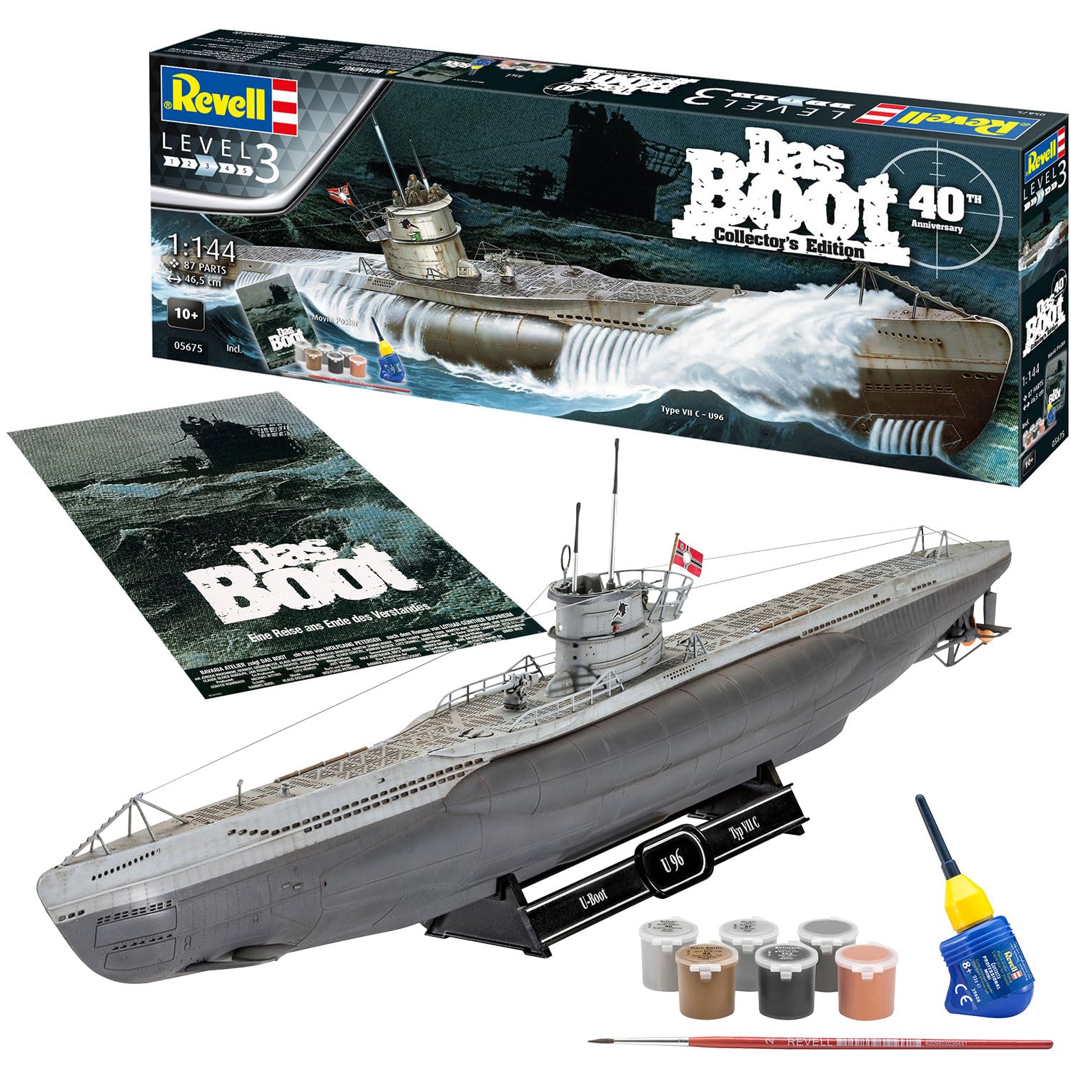 Revell Gift Set 05675 "Das Boot Movie 40 Years Collector's Edition 1:144 Scale Unbuilt Plastic Model Kit with Contacta Professional Glue, Paintbrush, Selected Aqua Color Paints & Repro Movie Poster