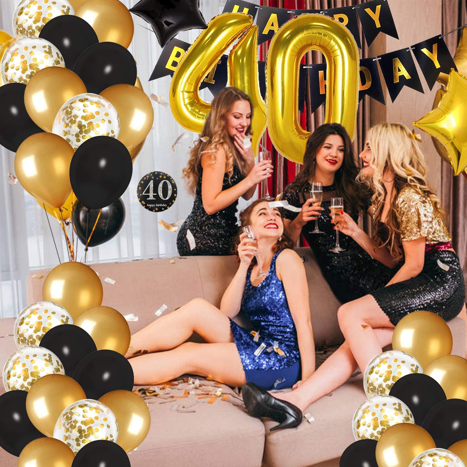 40th Birthday Decorations for Men Women, Black and Gold Party Decorations Kit - Happy Birthday Banner Black and Gold Balloons Confetti Balloons Swirls for 40th Birthday Decorations Party Supplies