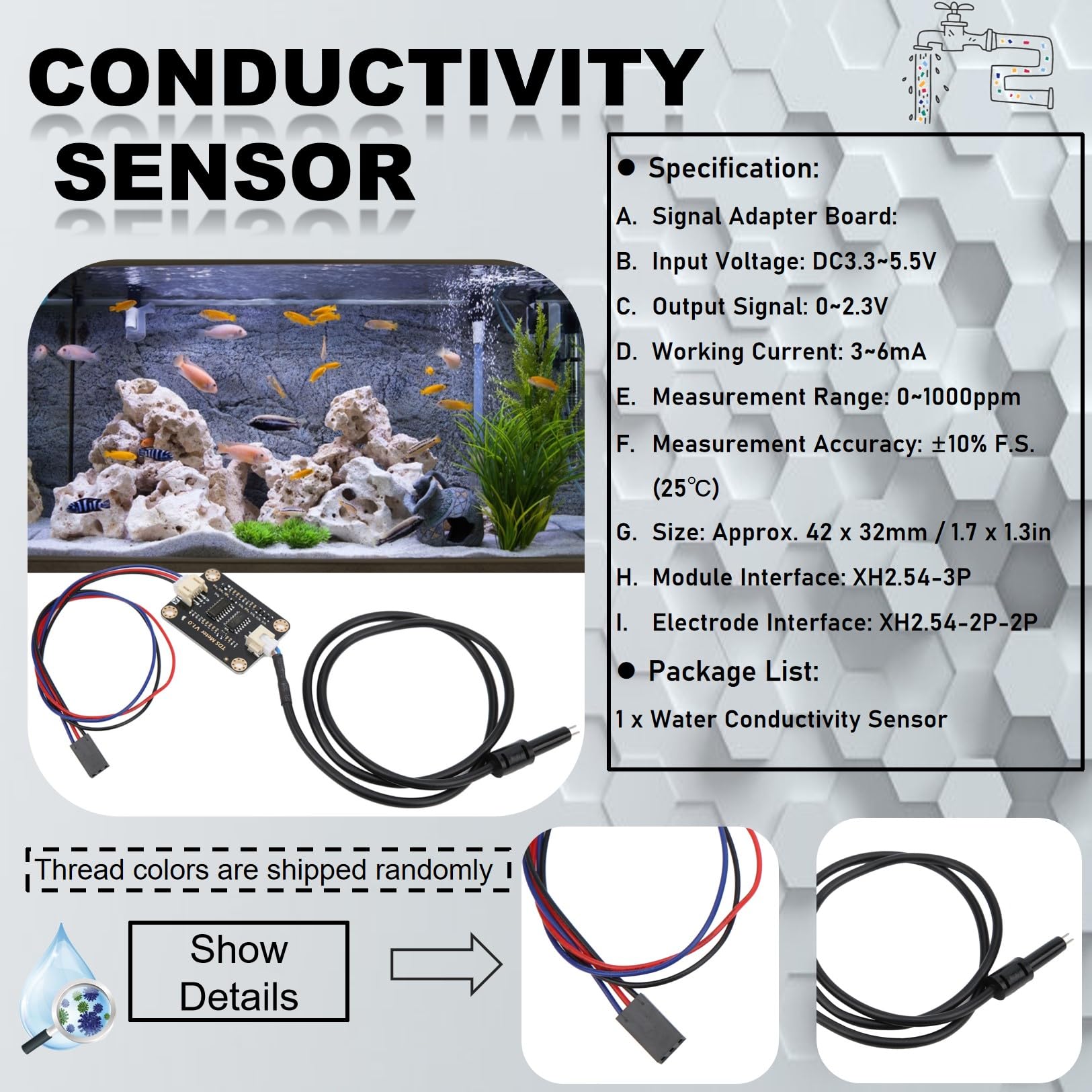 TDS Water Conductivity Sensor, Water Quality Monitoring Sensor Module,Plug and Play TDS Meter Probe Water Quality Monitoring for Liquid Quality Monitoring Detection Tester Module Parts