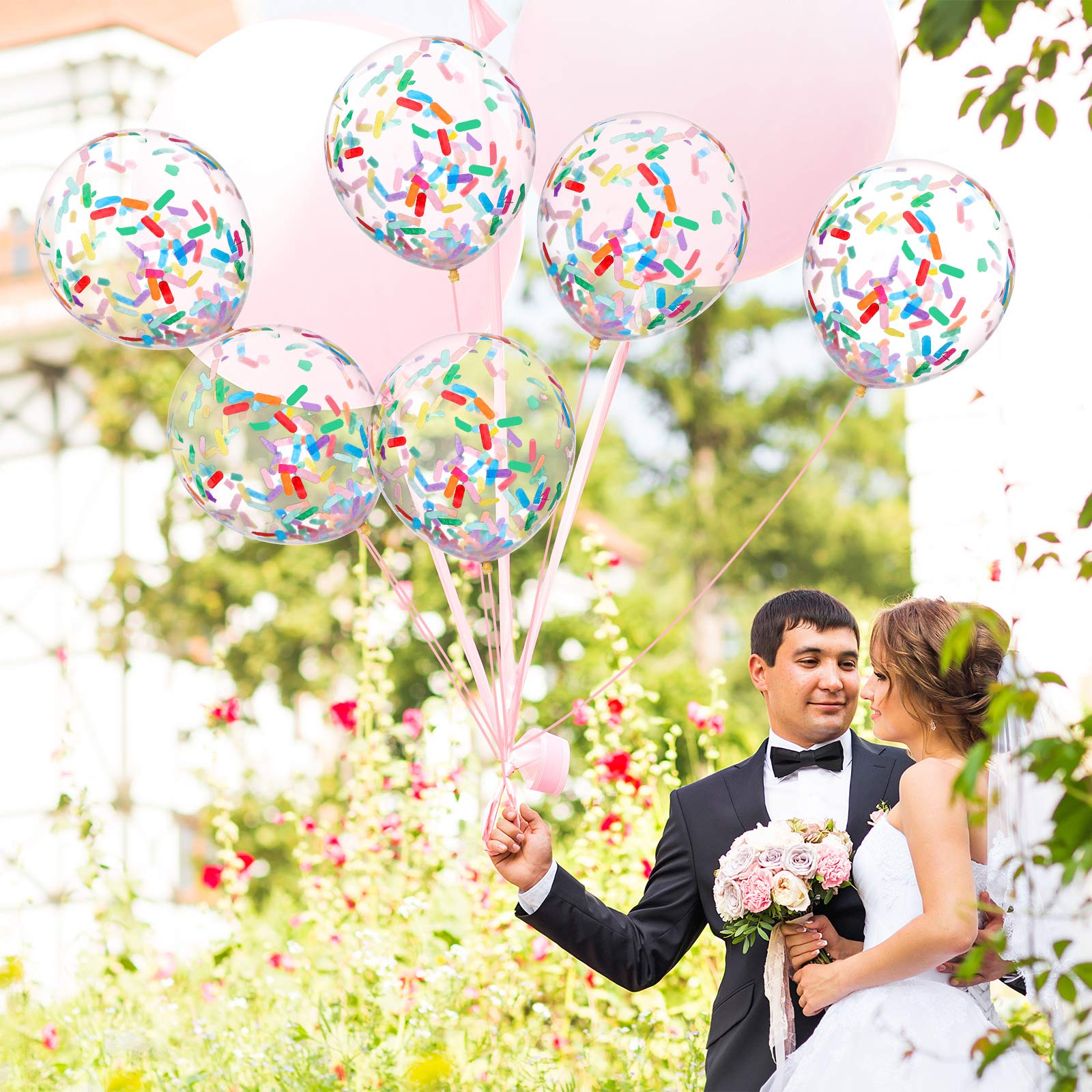 Sumind 18 Pcs Sprinkle Confetti Balloons, 12 Inch Clear Donut Balloons with Confetti Ice Cream Party Decorations Rainbow Multicolored Confetti Balloons, Wedding Engagement Bridal, Graduation, Proposal