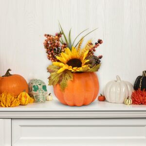 Gift Boutique Fall Pumpkin Centerpiece Artificial Floral Arrangement with Faux Maple Leaves Sunflower Pine Cone Berries Wheat for Porch Large Halloween Thanksgiving Tabletop Decorations 11 Inch