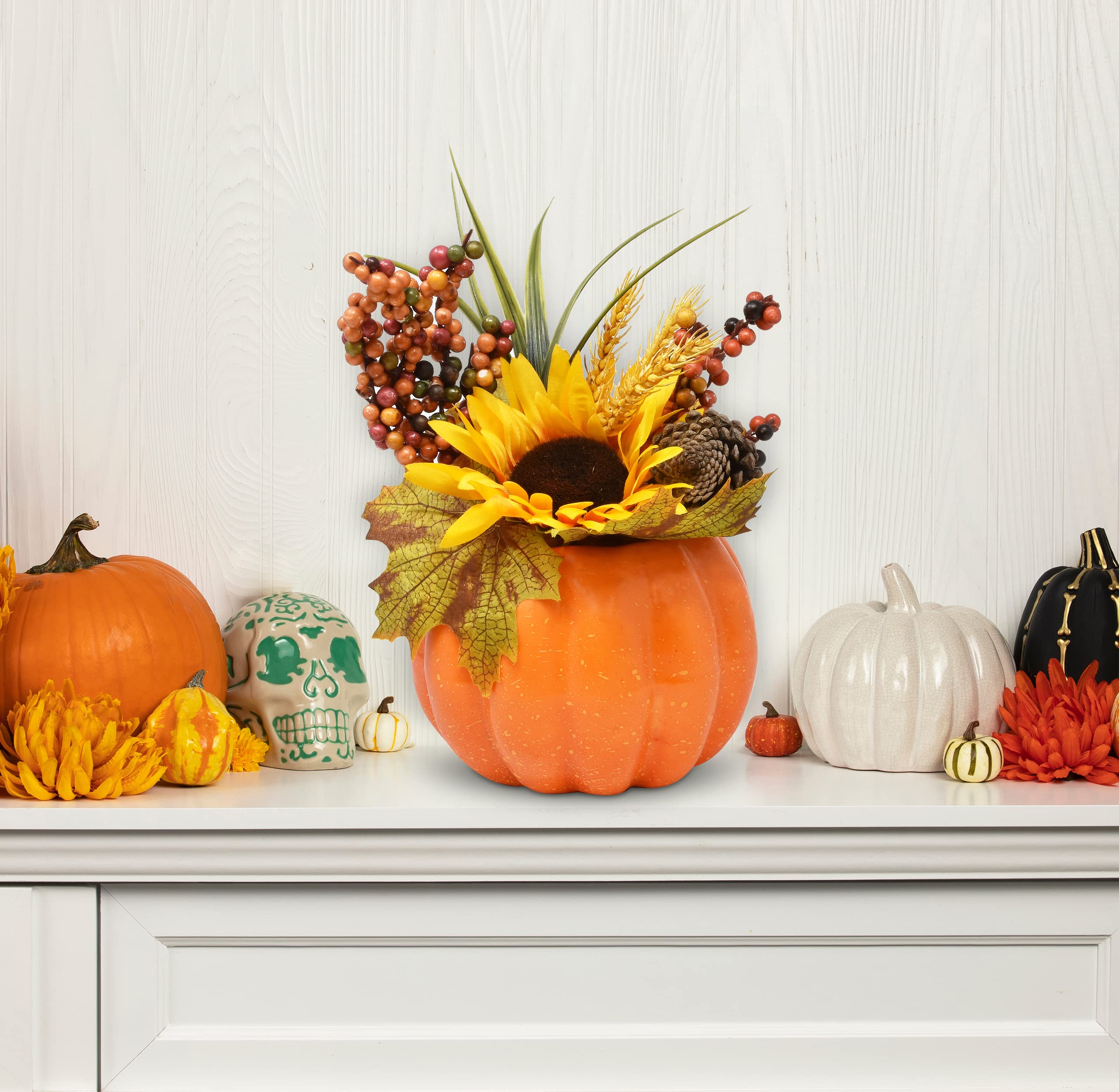 Gift Boutique Fall Pumpkin Centerpiece Artificial Floral Arrangement with Faux Maple Leaves Sunflower Pine Cone Berries Wheat for Porch Large Halloween Thanksgiving Tabletop Decorations 11 Inch