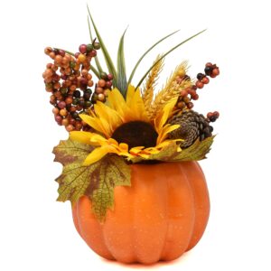 gift boutique fall pumpkin centerpiece artificial floral arrangement with faux maple leaves sunflower pine cone berries wheat for porch large halloween thanksgiving tabletop decorations 11 inch