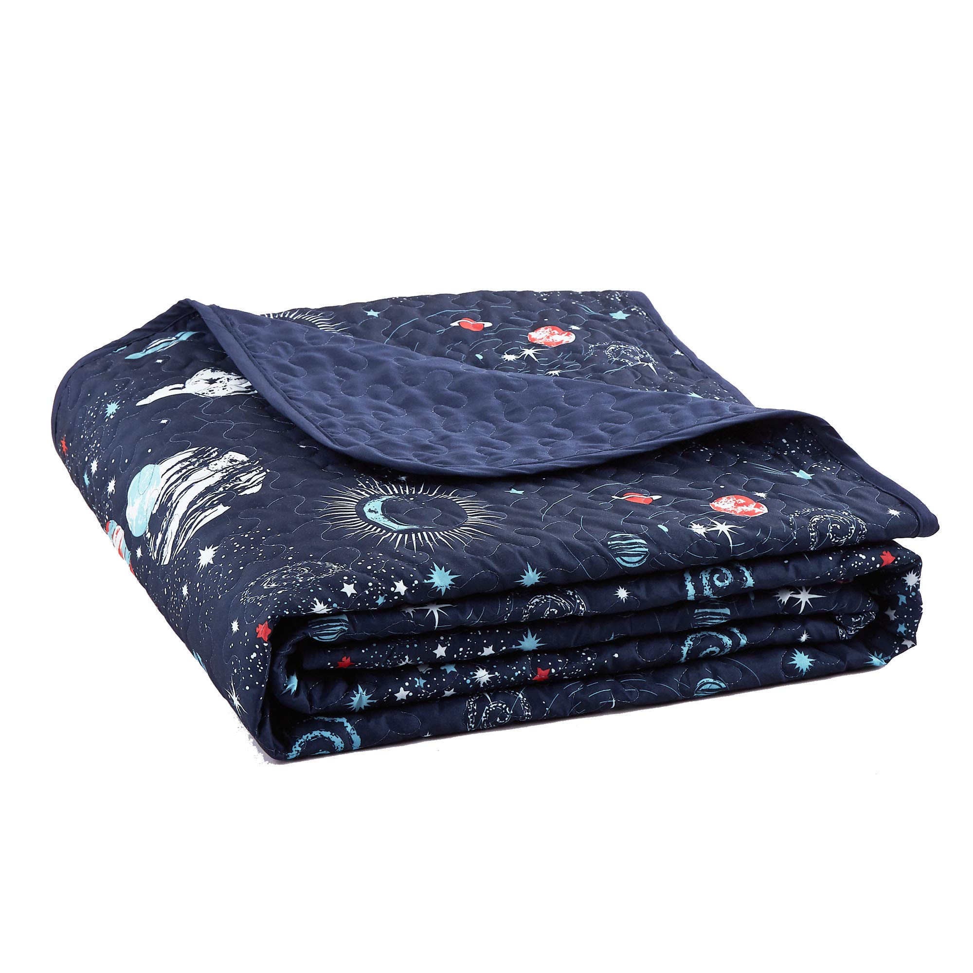 WPM WORLD PRODUCTS MART Blue Planet Universe Theme Kids Quilt Set Toddler Stars Space Galaxy Rocket Design Twin Size for Toddler Bed Bedspread with Pillow Shams (Pandora, Twin)