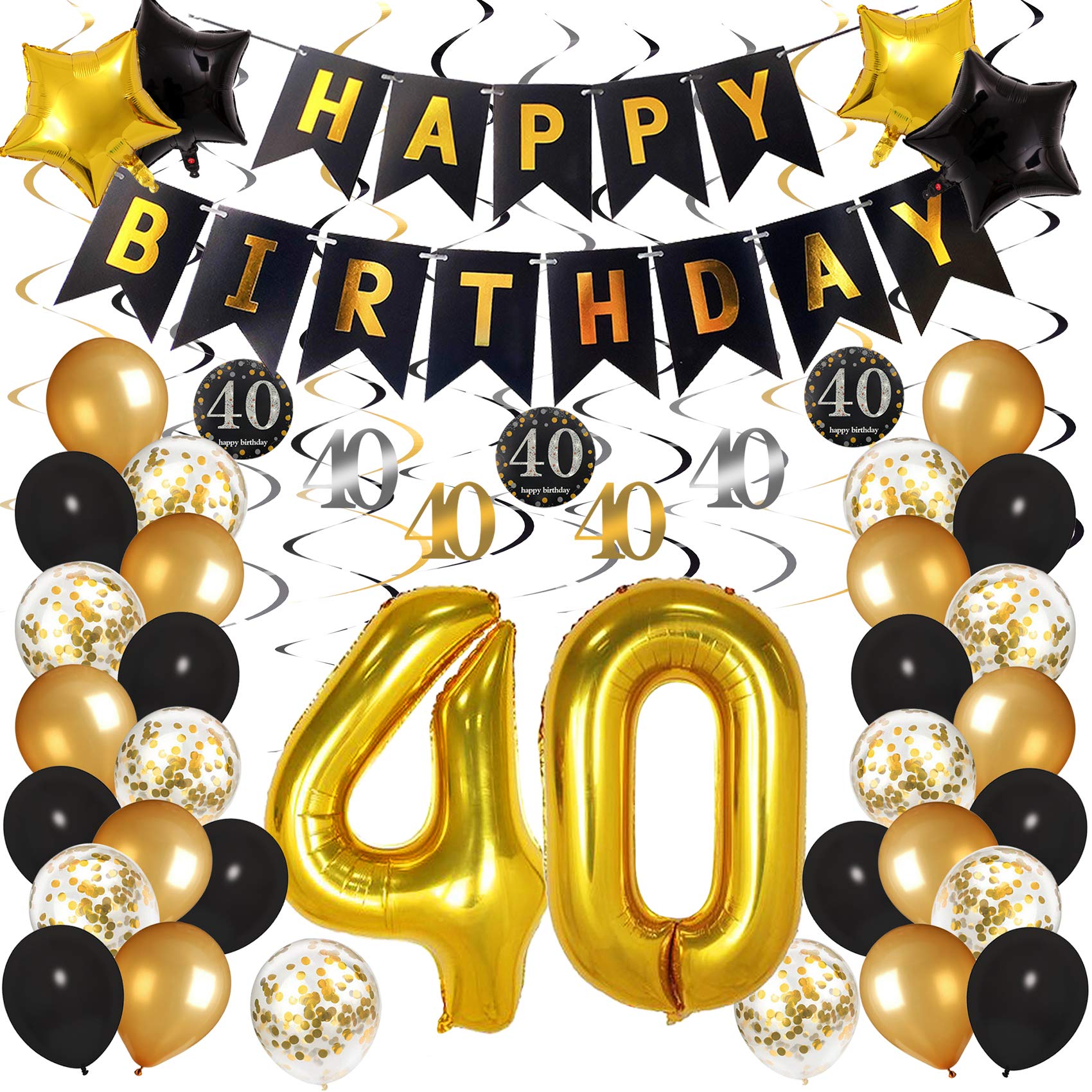 40th Birthday Decorations for Men Women, Black and Gold Party Decorations Kit - Happy Birthday Banner Black and Gold Balloons Confetti Balloons Swirls for 40th Birthday Decorations Party Supplies