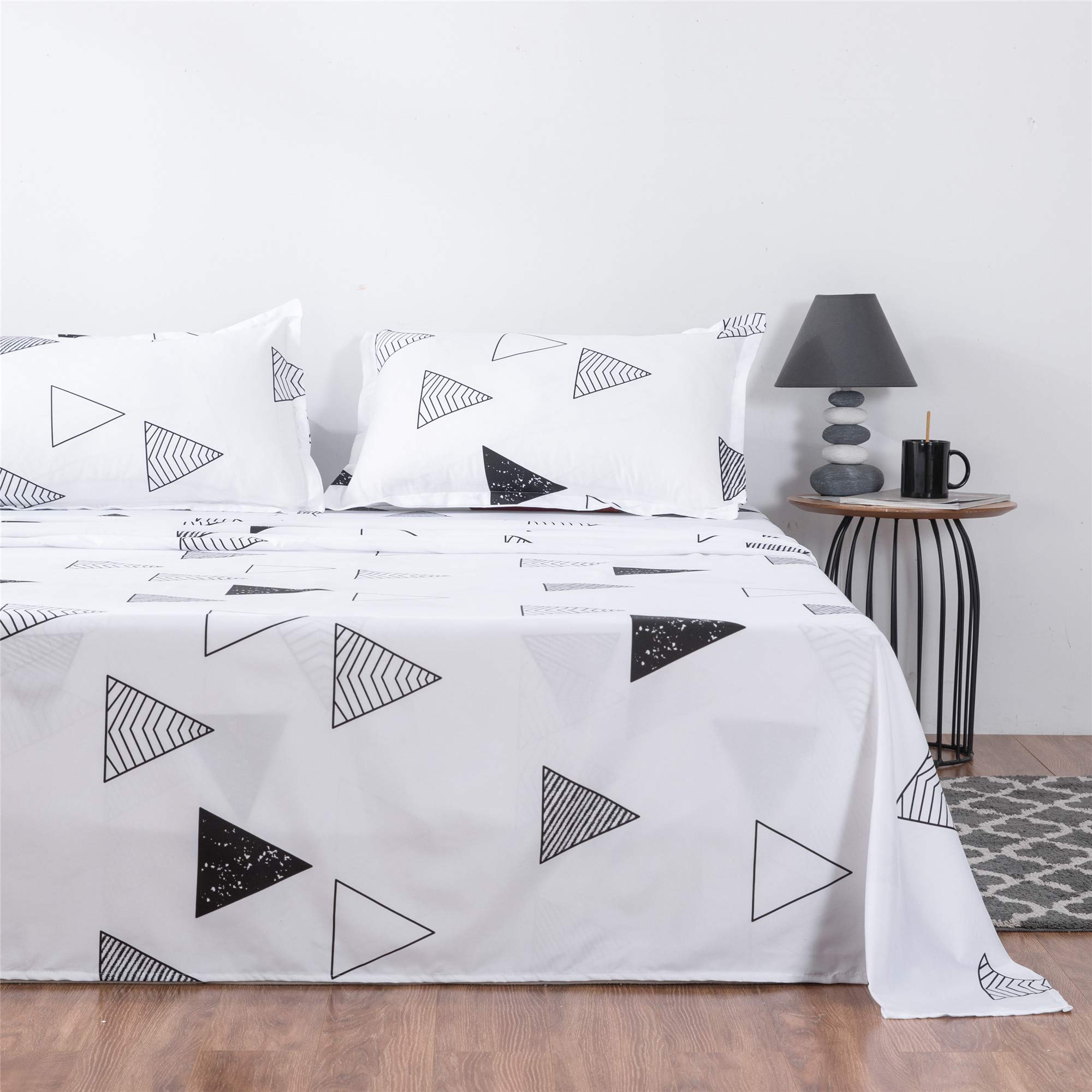 KFZ Twin Triangle Sheet Set –Triangle White Black Bedding Comforters & Sets- 4 Pieces with 1 Fitted Sheet, 1 Flat Sheet and 2 Pillowcase –Bed Sheets for Bed Frame (Top Triangle, White, Twin)