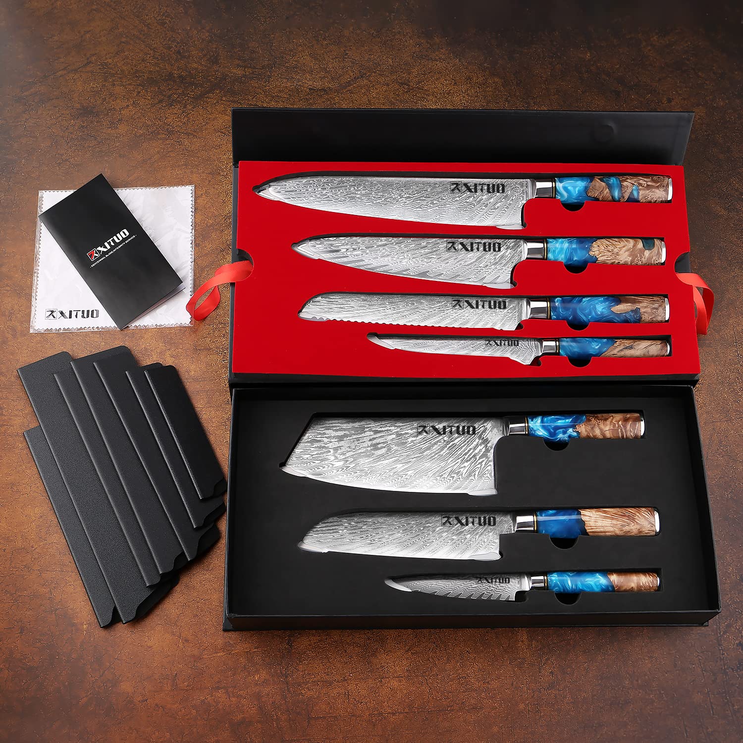 XT XITUO Kitchen Chef Knife Set 7 Piece, Chef Knife, 8'' Bread Knife, 7''Santoku knife Damascus Steel-VG10 Blue Resin Wood Handle -Gift Box - w/knife Sheath (7PC Chef Knife Set)