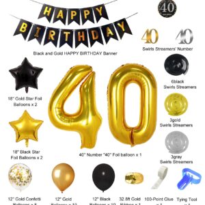 40th Birthday Decorations for Men Women, Black and Gold Party Decorations Kit - Happy Birthday Banner Black and Gold Balloons Confetti Balloons Swirls for 40th Birthday Decorations Party Supplies