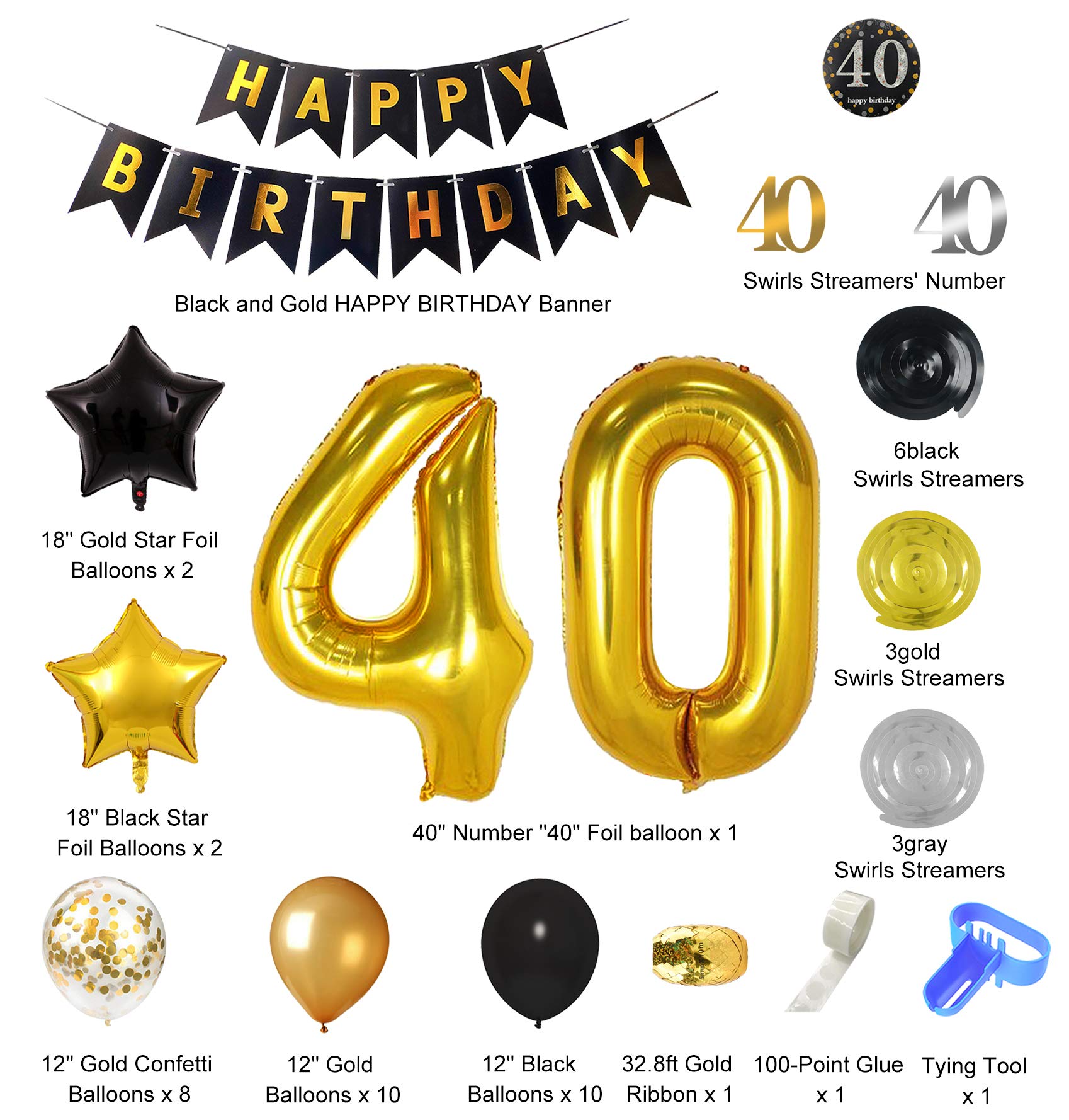 40th Birthday Decorations for Men Women, Black and Gold Party Decorations Kit - Happy Birthday Banner Black and Gold Balloons Confetti Balloons Swirls for 40th Birthday Decorations Party Supplies