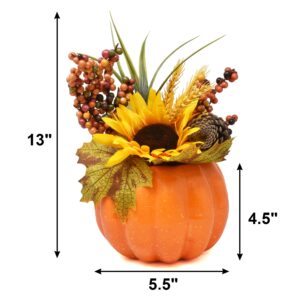 Gift Boutique Fall Pumpkin Centerpiece Artificial Floral Arrangement with Faux Maple Leaves Sunflower Pine Cone Berries Wheat for Porch Large Halloween Thanksgiving Tabletop Decorations 11 Inch