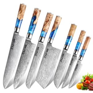 xt xituo kitchen chef knife set 7 piece, chef knife, 8'' bread knife, 7''santoku knife damascus steel-vg10 blue resin wood handle -gift box - w/knife sheath (7pc chef knife set)