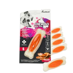 petsworld bacon scented dog chew toy for tough chewers. cleans teeth and provides general oral health, non-toxic, tough, durable. for small/medium dogs