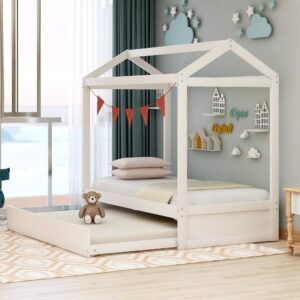 Twin Size House Bed with Trundle, Wooden Daybed for Toddlers, Teens, Girls, Boys, Kids House Bed Frame Can Be Decorated (White)