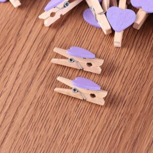 NUOBESTY Woodsy Decor 50pcs Mini Wooden Clips Clothespins Crafts Clips with Hearts for Wedding Party Valentines Day Decoration Purple Trendy Decor