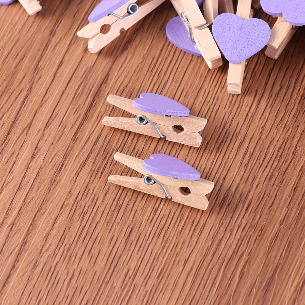 NUOBESTY Woodsy Decor 50pcs Mini Wooden Clips Clothespins Crafts Clips with Hearts for Wedding Party Valentines Day Decoration Purple Trendy Decor