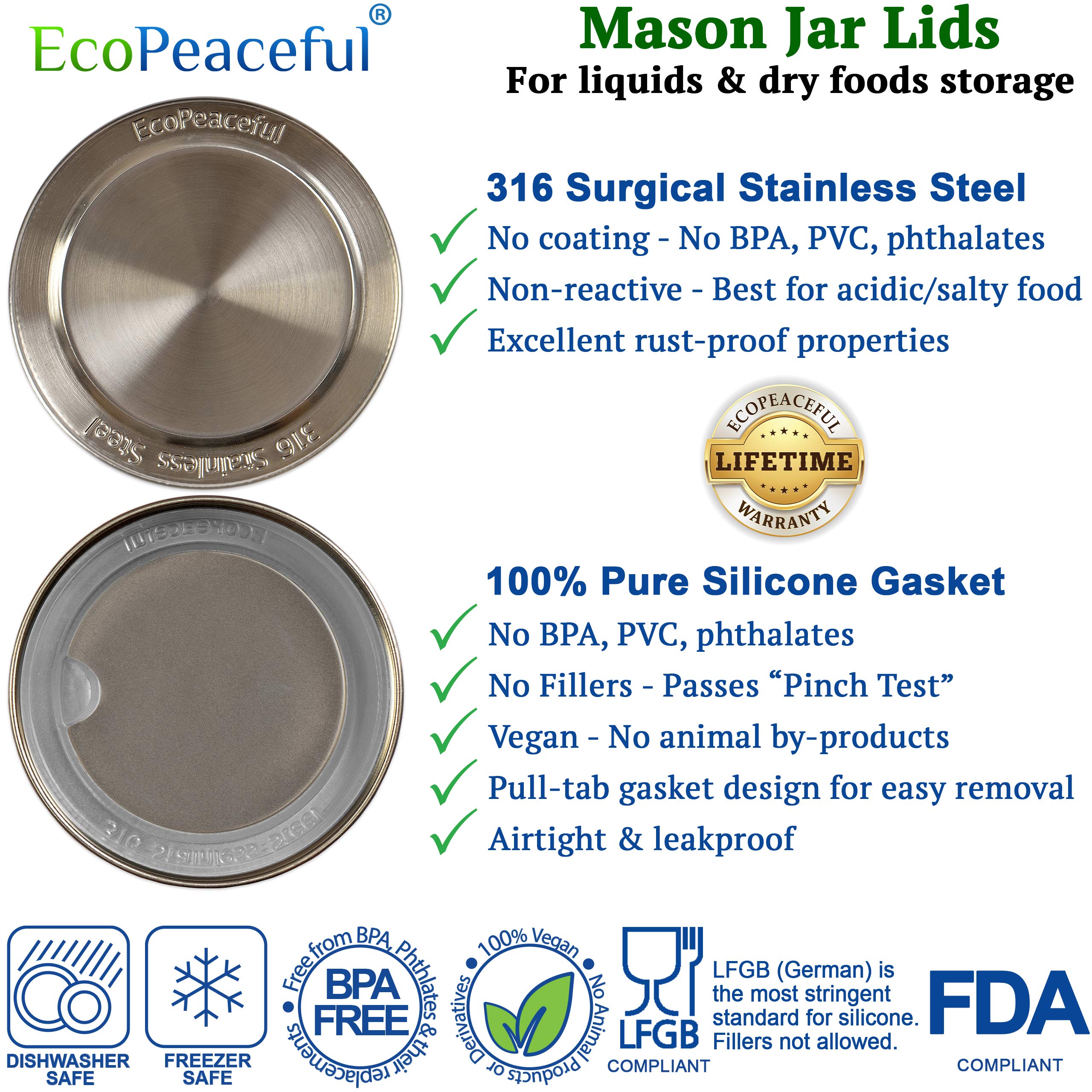 EcoPeaceful 316 Surgical Stainless Steel Mason Jar Lids REGULAR Mouth,ORIGINAL DESIGN,Stackable w/ Pull-Tab Silicone Seal. Rust-proof, Airtight, Leak-proof, Vegan, BPA-Free, Reusable,Not for Canning