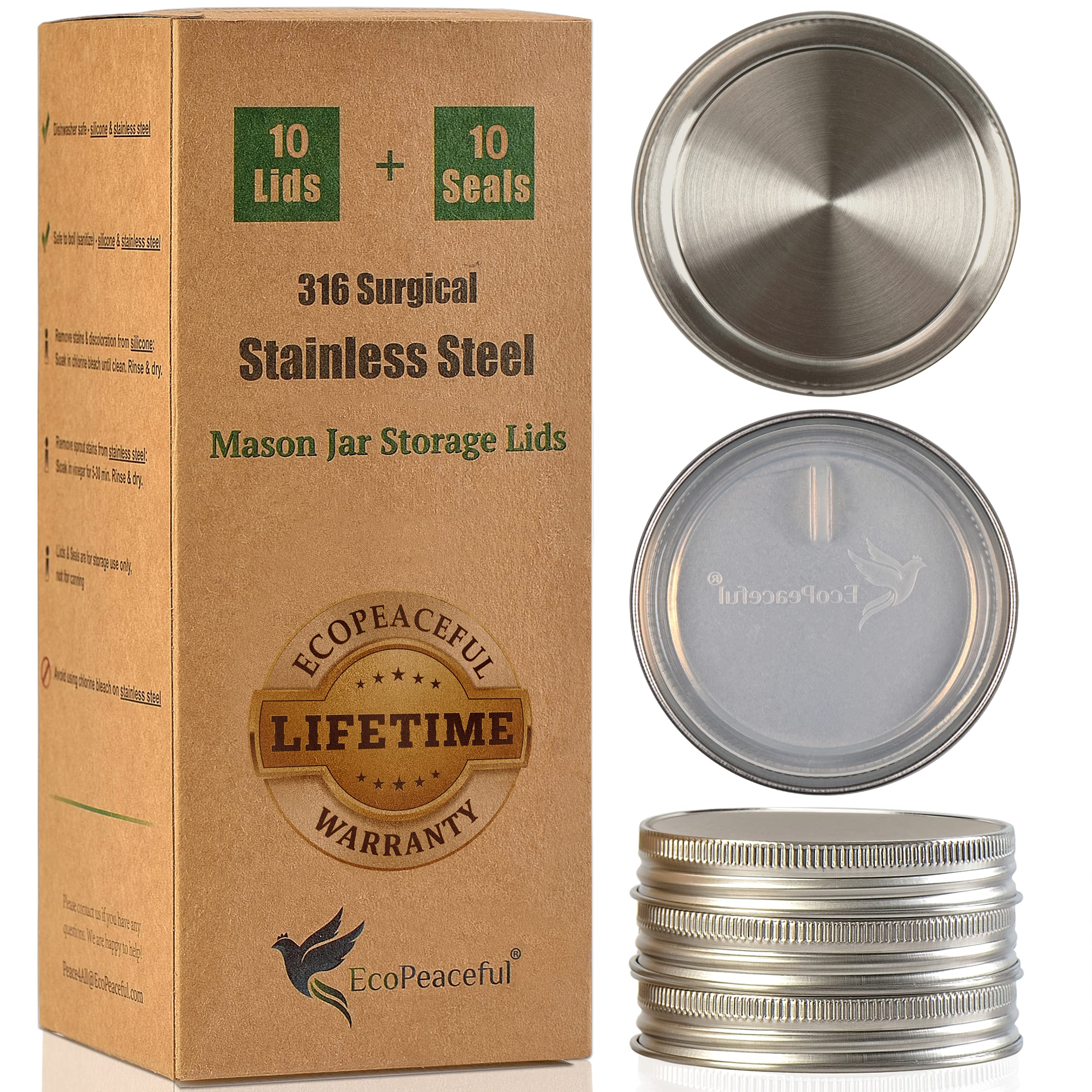 EcoPeaceful 316 Surgical Stainless Steel Mason Jar Lids REGULAR Mouth - Rust-proof, Airtight, Leak-proof, BPA-Free, PVC-free, Vegan, Reusable - Not for Canning