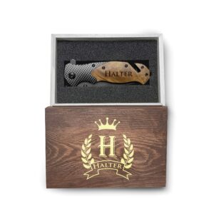 krezy case flourishing and crown design laser engraved knife and wood box, pocket knife for men and women, customized pocket knife with carbon fiber print